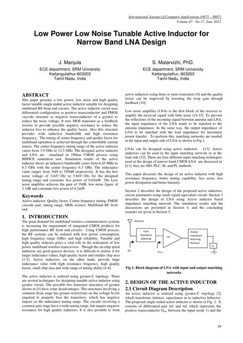 Pdf Low Power Low Noise Tunable Active Inductor For Narrow Band Lna Design