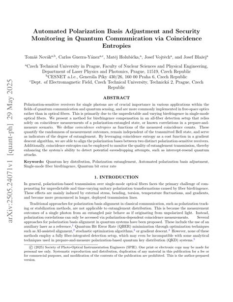 Pdf Automated Polarization Basis Adjustment And Security Monitoring
