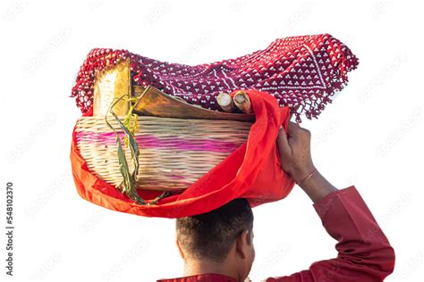 Devotee Carrying Offerings For Sun God With White Background During