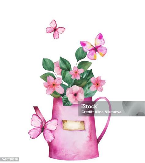 아름다운 수채화 장미와 모란이 꽃을 피우며 날아다니는 나비 낭만적인 스티커 클립아트가 있는 복고풍 빈티지 캠에 물을 줍니다 0