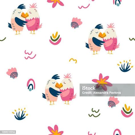 앵무새와 열대 잎 매끄러운 패턴 정글 배경 직물 직물 어린이 및 벽지에 대한 유치한 스타일의 끝없는 배경 벡터 만화 일러스트레이션 관광 리조트에 대한 스톡 벡터 아트 및