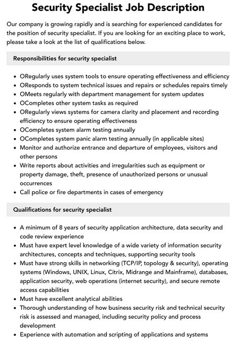 Security Specialist Job Description Velvet Jobs