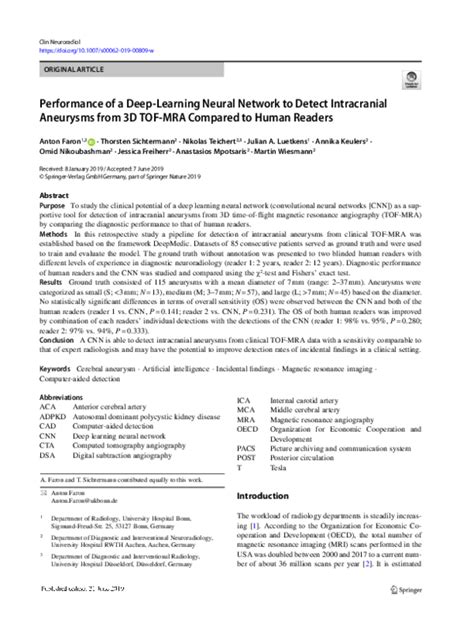 Pdf Performance Of A Deep Learning Neural Network To Detect Intracranial Aneurysms From 3d Tof