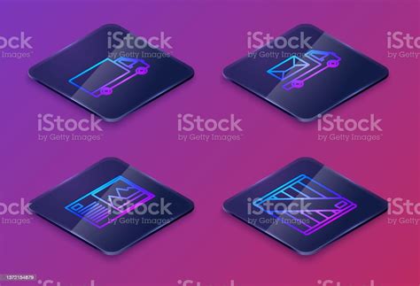 설정 등도 선 배달화물 트럭 차량 엽서 엽서 엽서 및 나무 상자 파란색 정사각형 버튼 벡터 3차원 형태에 대한 스톡 벡터 아트 및 기타 이미지 Istock