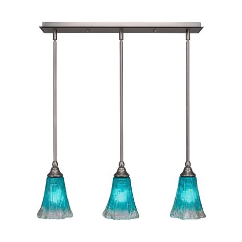 Cambridge 3 Light Brushed Nickel Island Pendant With Fluted Teal Ribbed