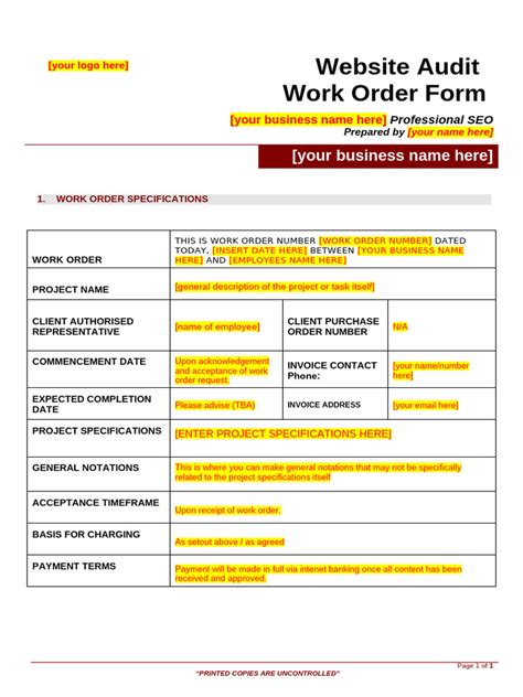 Website Audit Work Order Form Pdf
