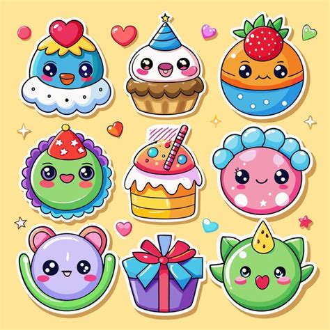 생일 축하 캐릭터의 귀여운 만화 스티커 프리미엄 Ai 생성 벡터