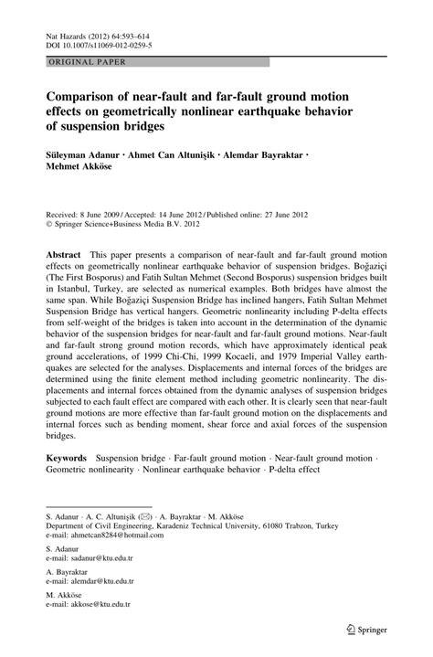 Pdf Comparison Of Near Fault And Far Fault Ground Motion Effects On Geometrically Nonlinear