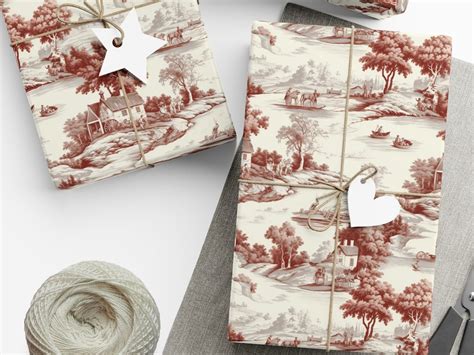 Antique Rust Vintage Wrapping Paper Tranquil Forest Scenery Boat
