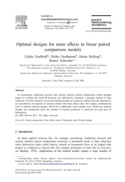pdf optimal designs for main effects in linear paired comparison