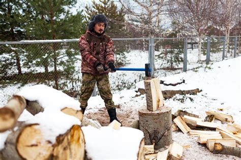 Man Chopping Wood In The Winter Stock Image Image Of People Lumber