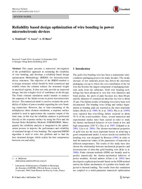 Pdf Reliability Based Design Optimization Of Wire Bonding In Power Microelectronic Devices