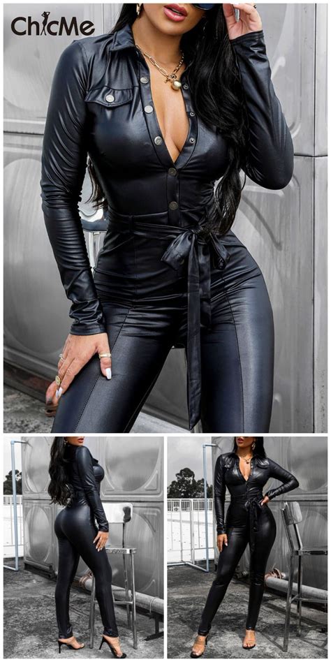 Deep V Faux Leather Jumpsuit Fashion Outfits Stylish Outfits