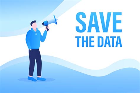 파란색템플릿은 전단지 디자인을 위해 흰색 배경에 메가폰을 들고 있는 데이터 맨을 저장합니다 플랫 스타일로 벡터 그림 개념에 대한 스톡 벡터 아트 및 기타 이미지 Istock