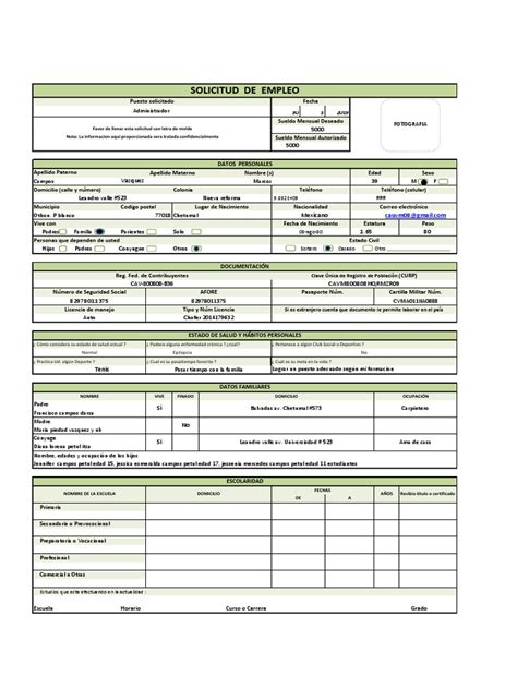 Formato Solicitud Empleo En Excel Marcos Pdf
