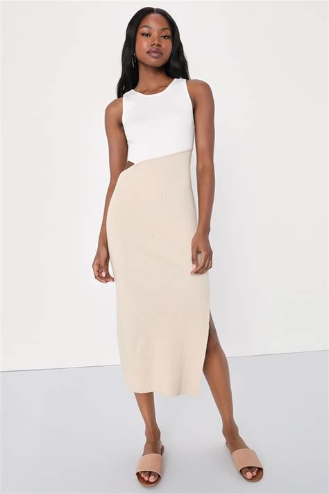White And Beige Dress Color Block Sweater Dress Ribbed Dress Lulus