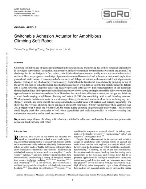 Pdf Switchable Adhesion Actuator For Amphibious Climbing Soft Robot