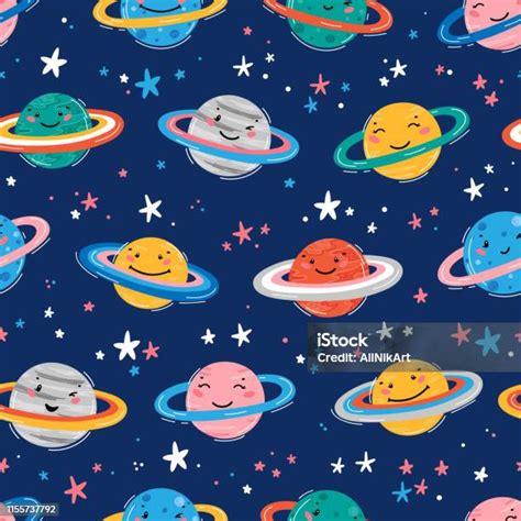 행성과 별과 공간 원활한 패턴 낙서 만화 귀여운 토성 행성 웃는 얼굴입니다 어린이 티셔츠 인쇄 보육 디자인 생일 파티를위한 공간 벡터 배경 무지개에 대한 스톡 벡터 아트 및