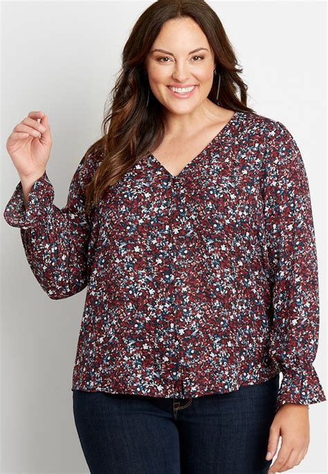 Plus Size Floral Button Front Flutter Sleeve Blouse Maurices