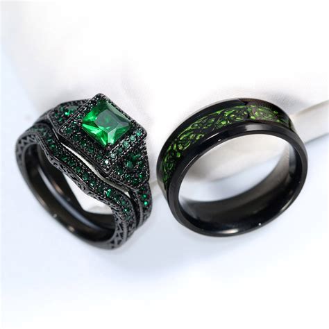 Black Matching Rings His And Her Rings Couple Rings 1ct Green Cz