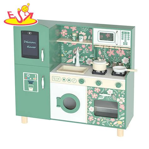 New Design Cooking Pretend Play Modern Green Wooden Kitchen Toy For