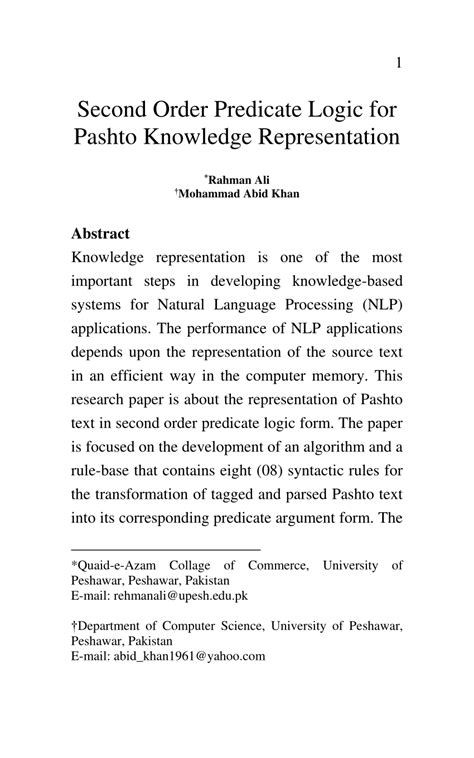 Pdf Second Order Predicate Logic For Pashto Knowledge Representation