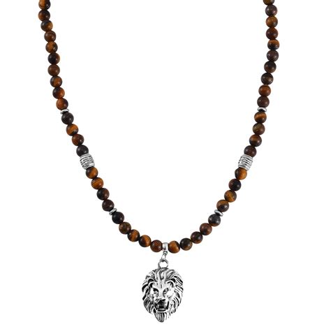 Buy Tigers Eye Beaded Mens Necklace 24 Inches With Lion Charm In