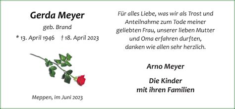 Traueranzeigen Von Gerda Meyer Noz Trauerportal