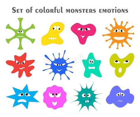 Set Of Colorful Monsters With Different Emotions Fantasy Cute Cartoon