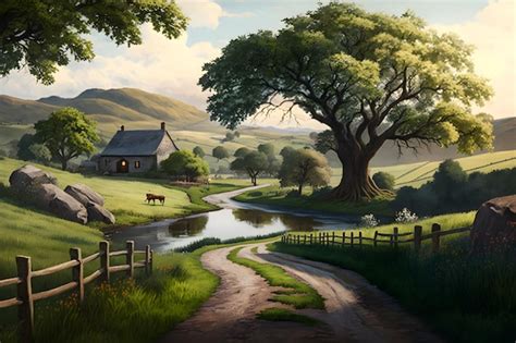 도로에 소가 있는 시골길 그림 프리미엄 사진