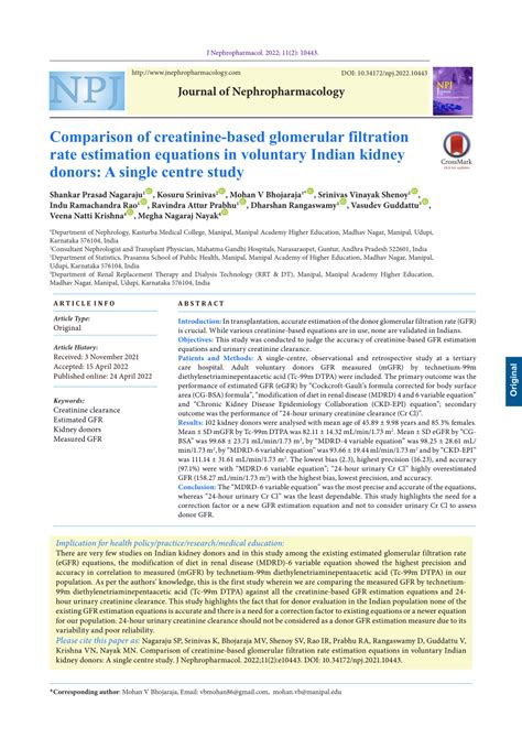 Pdf Comparison Of Creatinine Based Glomerular Filtration Rate Estimation Equations In