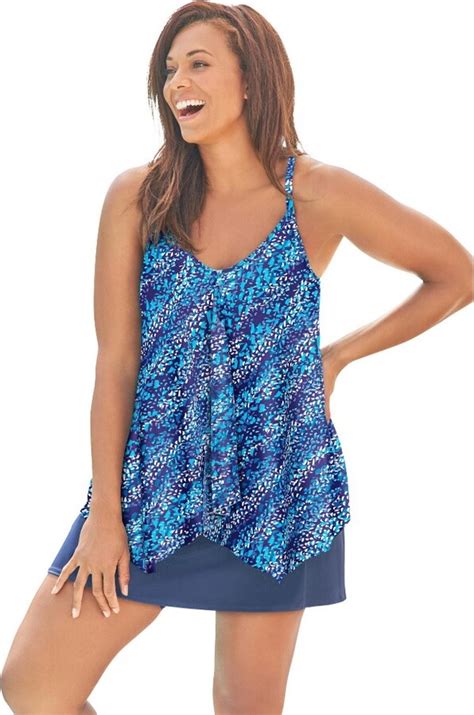 Swim 365 Womens Plus Size Longer Length Mesh Tankini Top 30 Multi