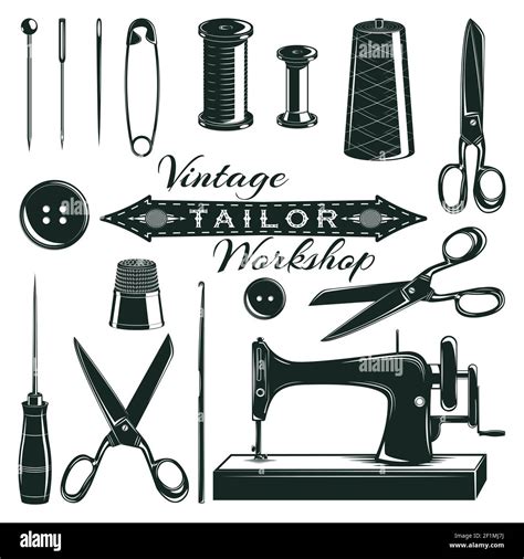 Vintage Tailor Elements Set With Buttons Sewing Machine Pin Needles