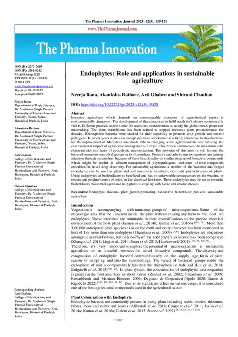 Pdf Endophytes Role And Applications In Sustainable Agriculture