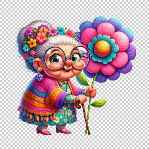 Abuela De Dibujos Animados Con Una Flor Gigante Aislada En Un Fondo