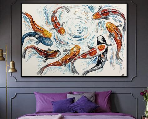 Koi Fish Painting On Canvas Large Colorful Fishes Painting Etsy