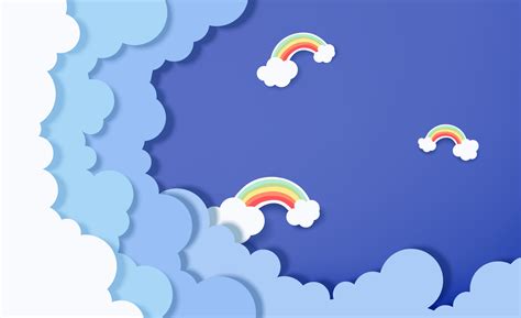 Beautiful Fluffy Clouds On Blue Sky Background With Rainbow Vector Illustration Paper Cut