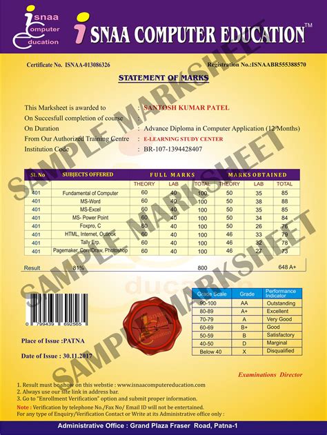 Certificate And Marksheet Sample Isnaa Computer Education