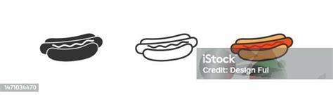 밝은 배경에 핫도그 아이콘입니다 패스트 푸드 기호입니다 미국식 길거리 음식 소시지 롤빵 겨자 케첩 테이크아웃 카페 윤곽선 평면 및 컬러 스타일 플랫 디자인 벡터 그림입니다