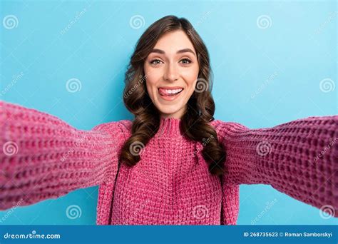 Selfie Closeup Portrait Young Flirty Cute Woman Lick Teeth Showing Dentistry Clinic Result