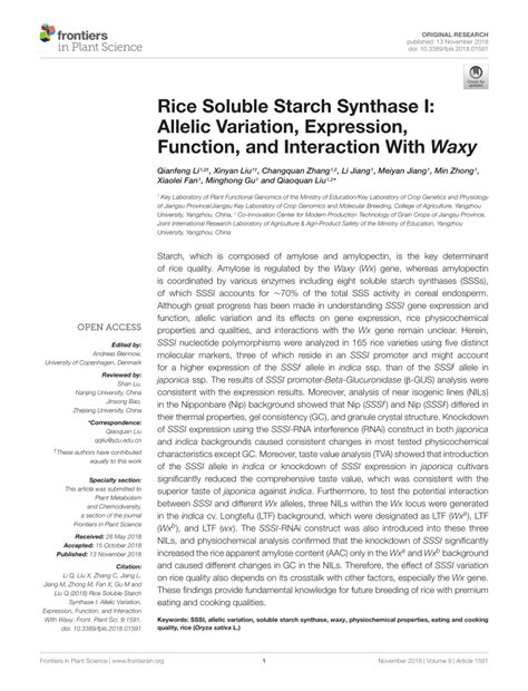 Pdf Rice Soluble Starch Synthase I Allelic Variation Expression