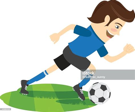 파란색 티셔츠를 입고 발로 차는 재미있는 축구 선수 Championship에 대한 스톡 벡터 아트 및 기타 이미지
