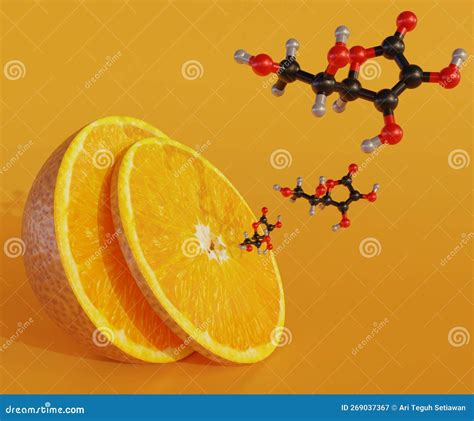 ácido Ascórbico Ou Molécula De Vitamina C Cortada Meio De Laranja
