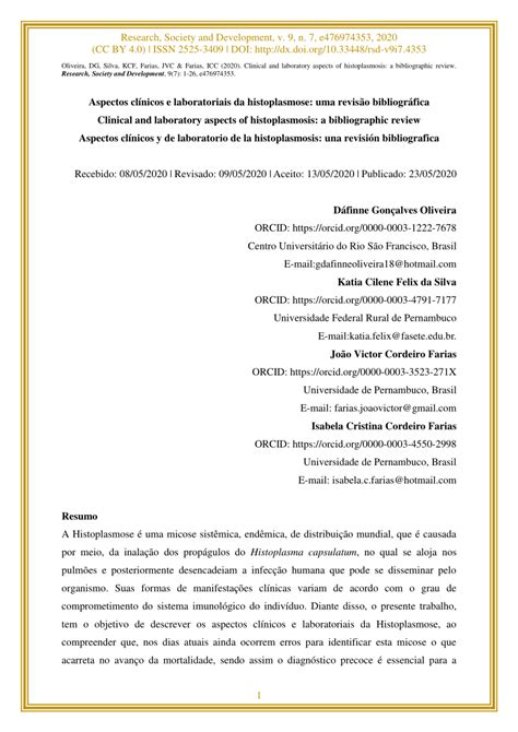 PDF Aspectos clínicos e laboratoriais da histoplasmose uma revisão bibliográfica