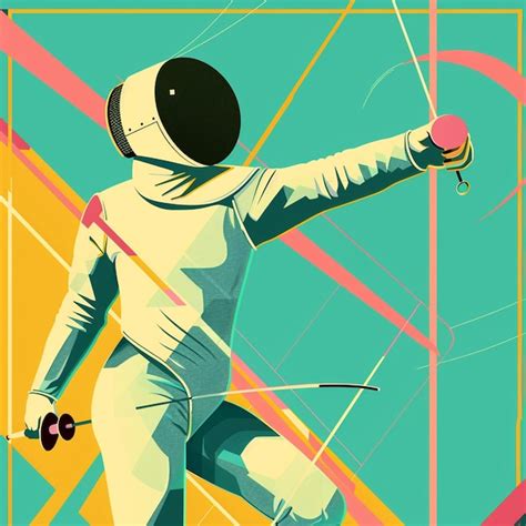 Dynamic Motion Retrofuturistic Fencing Design In Teal And Yellow Premium Ai Generated Image