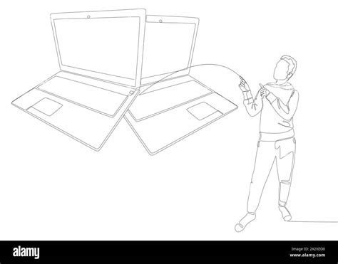 One Continuous Line Of Man Pointing With Finger At Laptop Thin Line Illustration Vector Concept