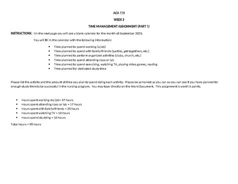 Week 3 Time Management Assignment FA23 ACA 115 WEEK 3 TIME MANAGEMENT