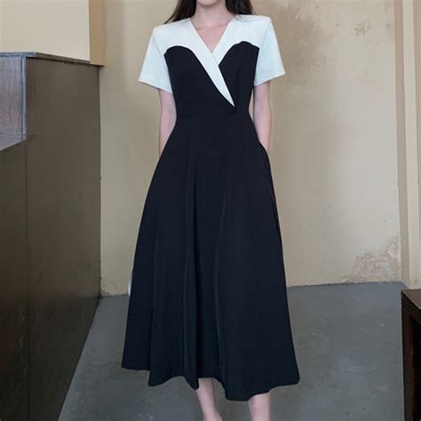 마리온 결혼식하객룩여름신상 정장원피스 V넥 반팔 블랙 하객원피스 빅사이즈 롱원피스 A라인 플레어 블랙드레스 빅사이즈룩하객룩20대30대데이트룩 ~2xl3xl4xl