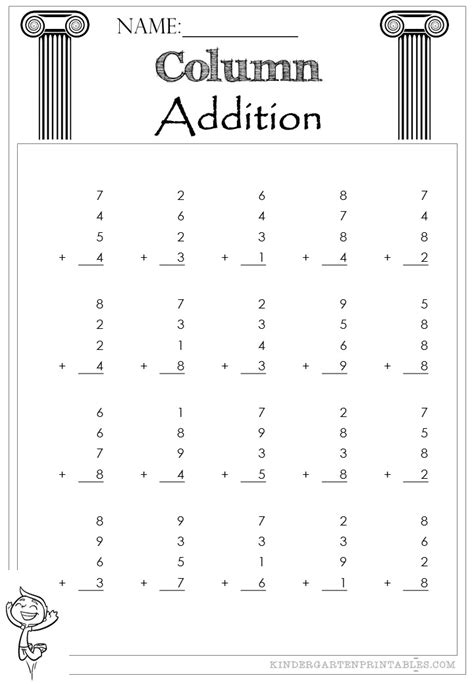 One Digit Column Addition 4 Addends Worksheets