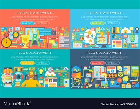 Seo Horizontal Flat Concept Design Banners Set Vector Image
